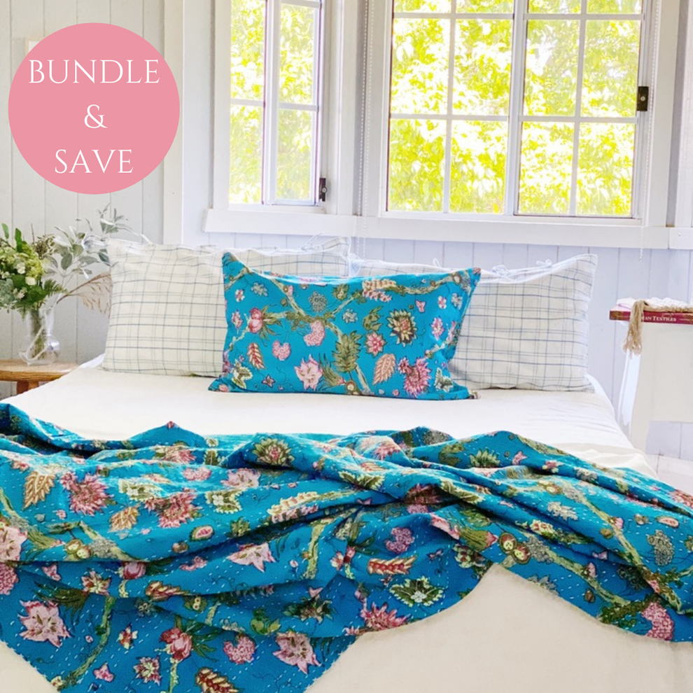 Azure Turquoise Jardin Kantha Quilt Bundle |Peacocks And Paisleys ...
